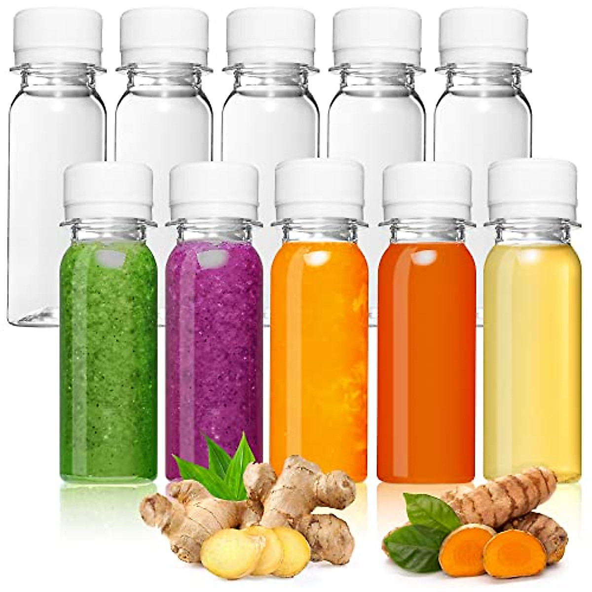 Norcalway 2 Oz Small Plastic Bottles for Liquids - Ginger Shot with Caps, Wellness Juice Freezer Safe, Leak Proof, Food Grade 10 Pack