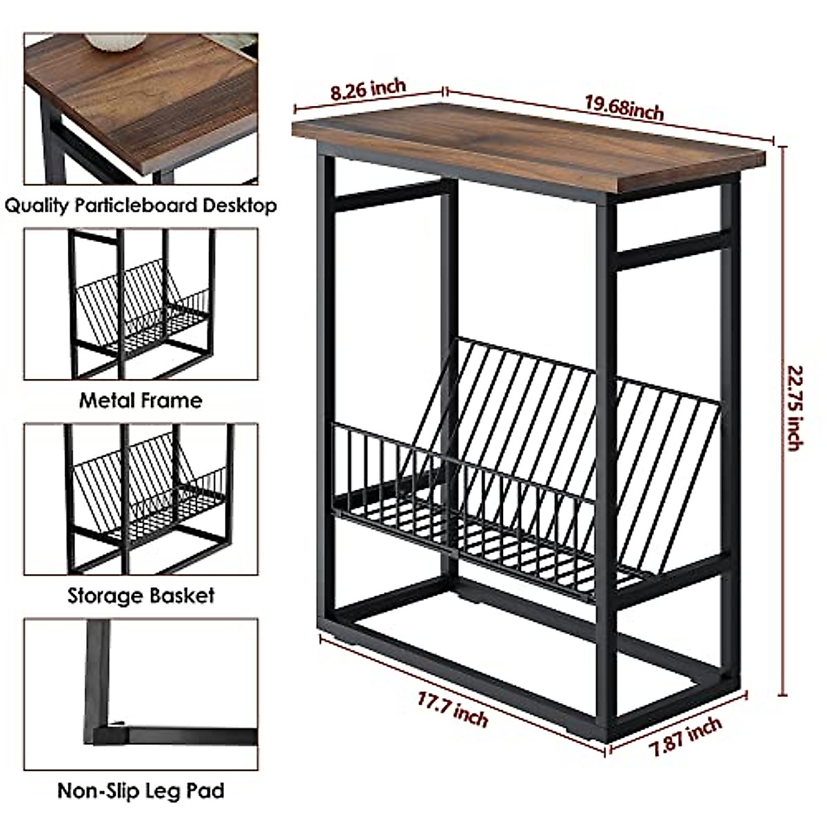 Unglehome End Table, Narrow Nightstand, Skinny Bedside Tables, Small Side Table for Small Spaces with Magazine Holder Rustic Slim Little Thin Table for Living Room, Bedroom, Sofa-Walnut