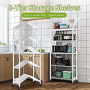 Mochubang Foldable Storage Shelves Unit, 5-Tier Folding Shelf Steel Shelving Rack Organizer Cart with Rolling Wheels for Mobile in Kitchen, Warehouse, Closet, Patio, Pantry Organization (White)