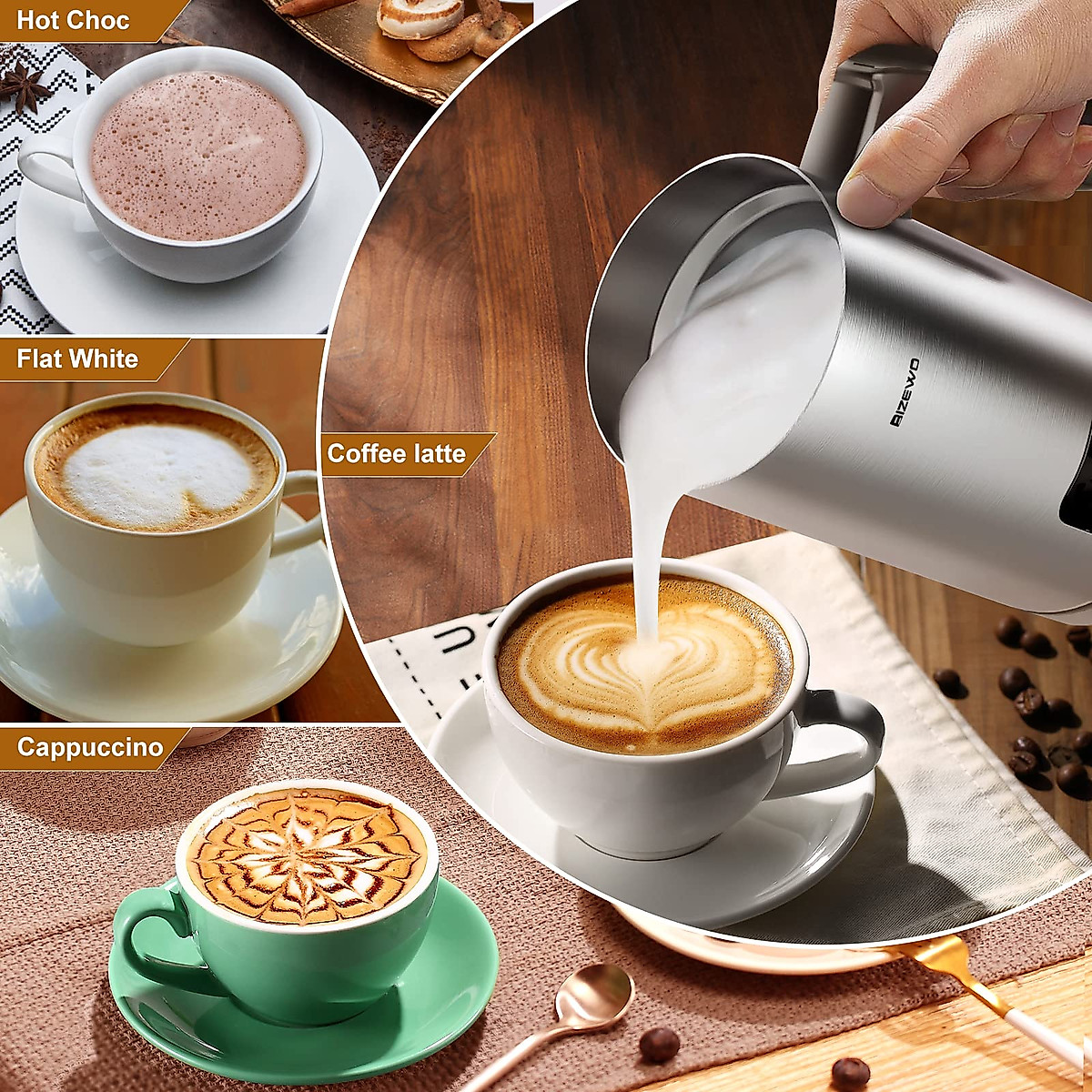 Milk Frother Electric, Coffee Frother, Warm and Cold Milk Foamer, BIZEWO 4 IN 1 Automatic Milk Warmer Stainless Steel with Touch Screen, for Coffee, Latte, Hot Chocolate