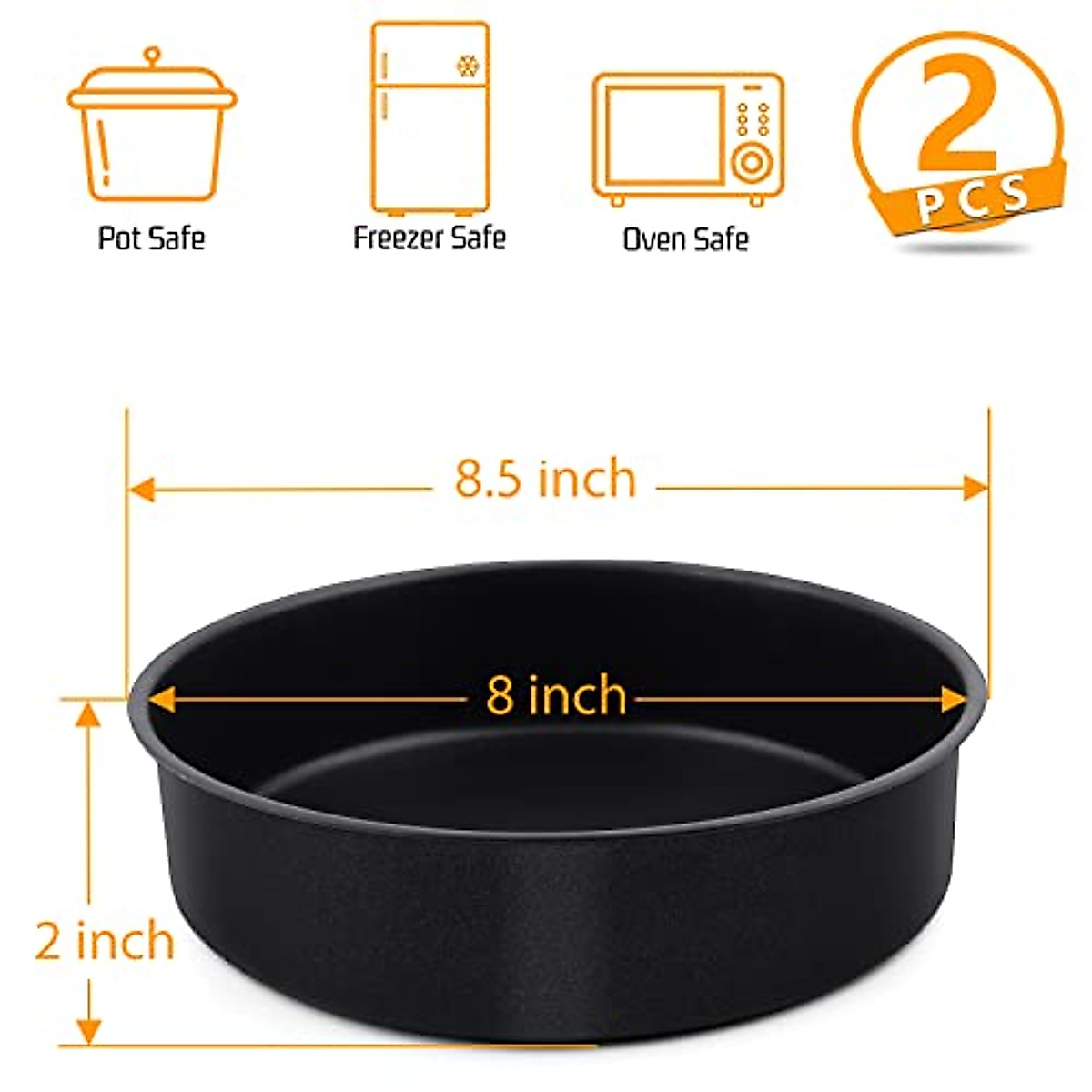 P&P CHEF 8 Inch Round Cake Pan Set of 2, Non-Stick Cake Baking Pans for Birthday Wedding Layer Cakes, Stainless Steel Core & Leak Proof, Sturdy & Healthy, Black
