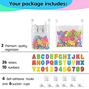 Comfylife 2 x Mesh Bath Toy Organizer + 6 Ultra Strong Hooks + 36 Bath Letters & Numbers – Eco-Safe, Fun, Educational Foam Baby Bath Letters and Perfect Toy Storage Net for Baby Bath Toys & More