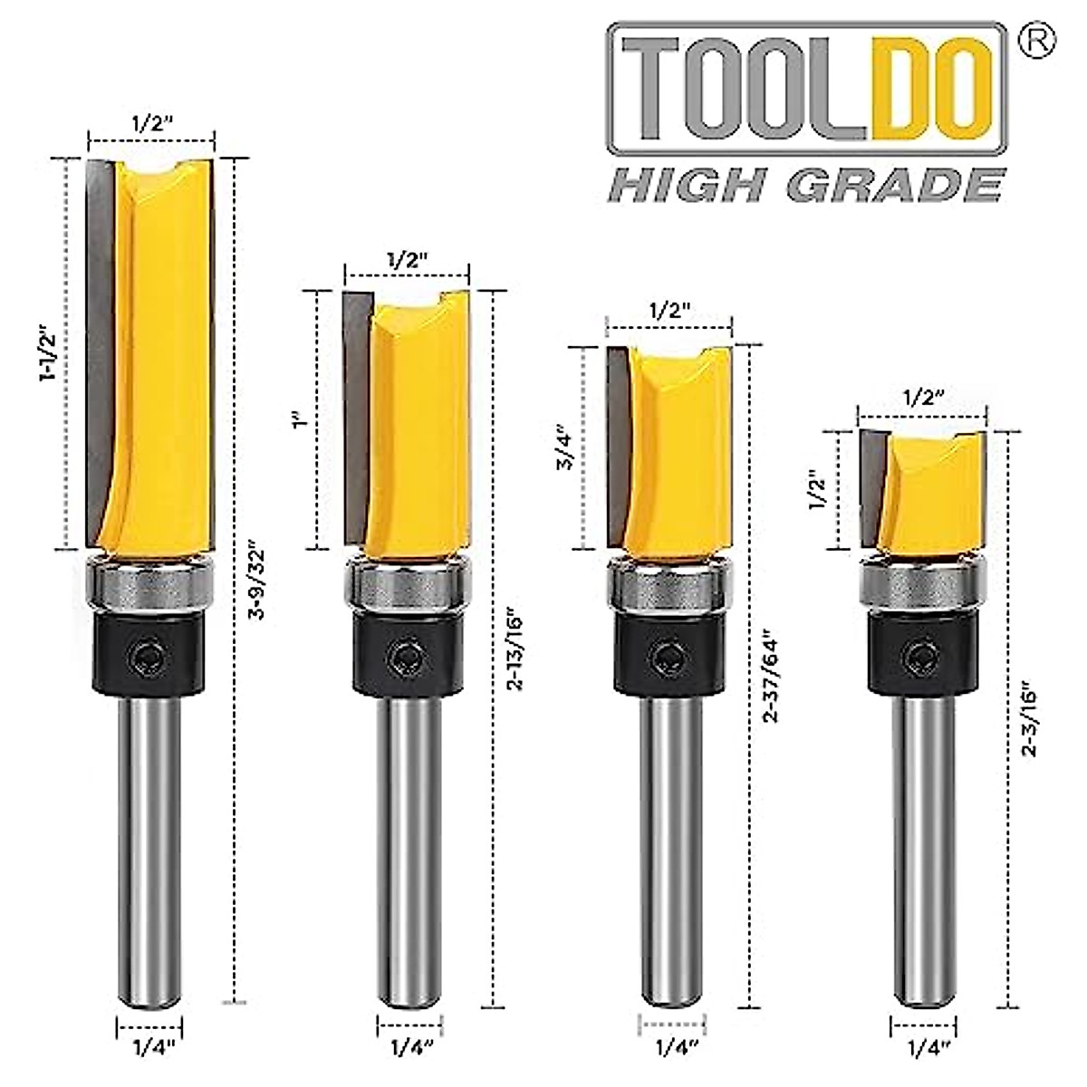 TOOLDO Pattern Flush Trim Bit 4 Pcs Router Bits，Top Bearing Flush Trim Bits Set，1/4 Inch Shank ,Cutting Length 1/2", 3/4", 1", 1-1/2"