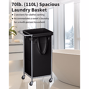 SOBECHOI Laundry Basket with Wheels, Rolling Laundry Hamper, 29 Gallons (110L), Removable Liner and Steel Frame - Steel Frame with Handle - Ink Black, 19.6 x 15.5 x 32.6 Inches