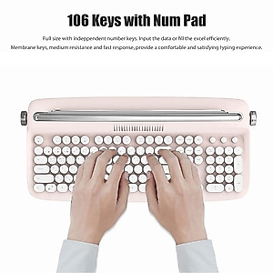 TISHLED Typewriter Keyboard Wireless Bluetooth 5.0 Retro Aesthetic Cute Kawaii Round Keycaps 106-Key with Num Pad Clicky Mechanical Feeling with Pad/Phone Holder for Windows/Mac OS/Android/iOS (Pink)