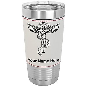 LaserGram 20oz Vacuum Insulated Tumbler Mug, Chiropractic Symbol, Personalized Engraving Included (Faux Leather, Baseball Style)