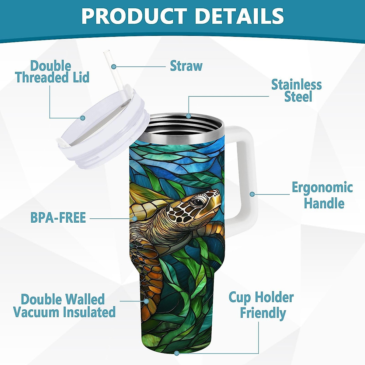 Slewiaeky Tumbler with Handle 40 oz Ocean Turtle Tortoise Travel Mug with Lid and Straw Sea Stainless Steel Vacuum Insulated Water Bottle Cup for Iced Tea Coffee Cold Beverages Cup Holder Friendly