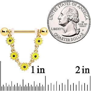 Body Candy 14G Womens Nipplerings Piercing PVD Steel 2Pc Yellow Sunflower Dangle Nipple Ring Set 3/4"