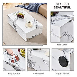 Maotifeys White Marble Coffee Table for Living Room Rectangular Faux Marble Center Table Modern Elegant Wooden Cocktail Table for Home Office -Fully Assembled