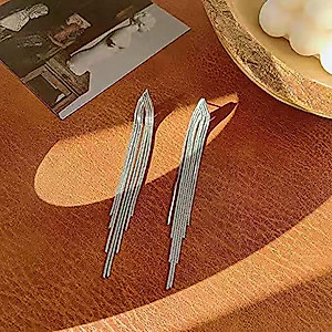 Long Silver Earrings for Women Dangling Silver Tassel Earrings Silver Long Metal Chain Tassel Dangle Earrings Silver Fringe Earrings Geometric Earrings Bridesmaid Jewelry