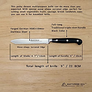 Serrated Utility Knife - MATTSTONE HILL 4.7" Kitchen Knife, German Stainless Steel Vegetable Knife, Paring Knife, Triple Rivet Handle