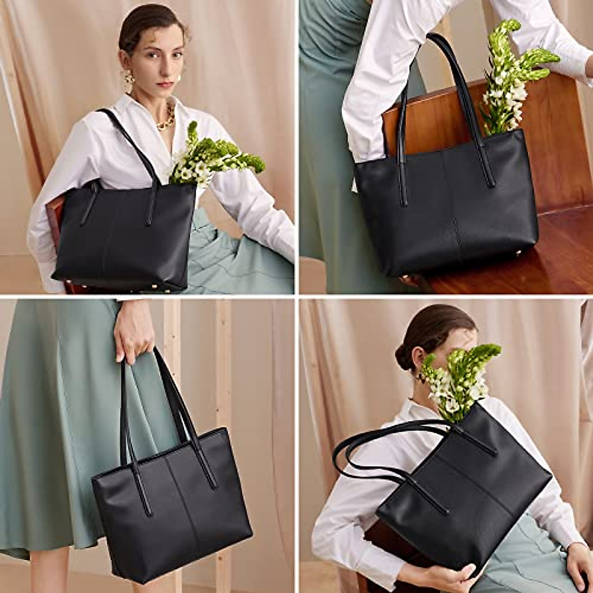 Cnoles Women Tote Bag Leather Handbag Purses And Handbags For Women Ladies Top Handle Large Soft Shoulder Satchel Hobo Bags Black