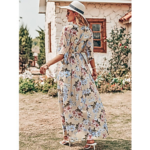 ANRABESS Women’s Summer Loose Boho Flowy Wrap V Neck 3/4 Sleeve Floral Print Slit Beach Wedding Guest Long Maxi Dresses Yellow Flor Medium