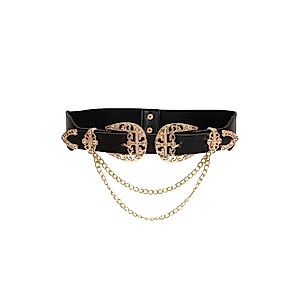 Verdusa Women's Double Buckle Chain Cowgirl Belts Leather Elastic Waist Belt Black 90