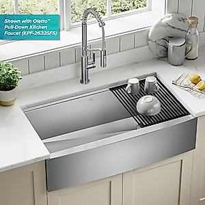 KRAUS Kore Workstation 36-inch Farmhouse Flat Apron Front 16 Gauge Single Bowl Stainless Steel Kitchen Sink with Integrated Ledge and Accessories (Pack of 5), KWF410-36