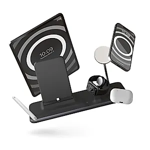 Zens 4-in-1 Magsafe Compatible Wireless Charging Station, Supports iOS 17 Standby Mode, for iPad, iPhones 12 and up, AirPods, and Apple Watch, Qi/MFI Certified, 45W Adapter Included, Black