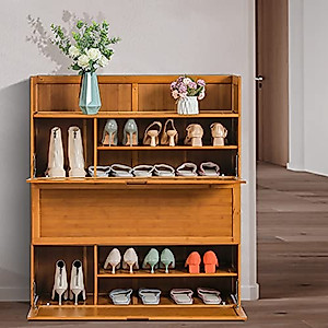 MoNiBloom 7 Tier Shoe Storage Organzier, Bamboo Boots Cabinet with Pull-Down Doors Sneakers Rack Organizer for 26-30 Pairs Entryway Hallway Mudroom, Brown