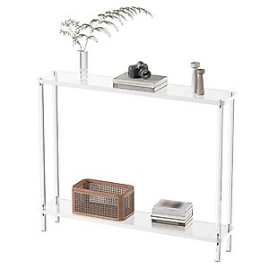 CRTERICX Acrylic Narrow Console Table for Entryway, 7.6" D x 39.4" W x 31.5" H, Cylindrical Legs, Skinny Entry Table for Sofa, Foyer, Hallway, Living Room, Modern, 2-Tier, Clear