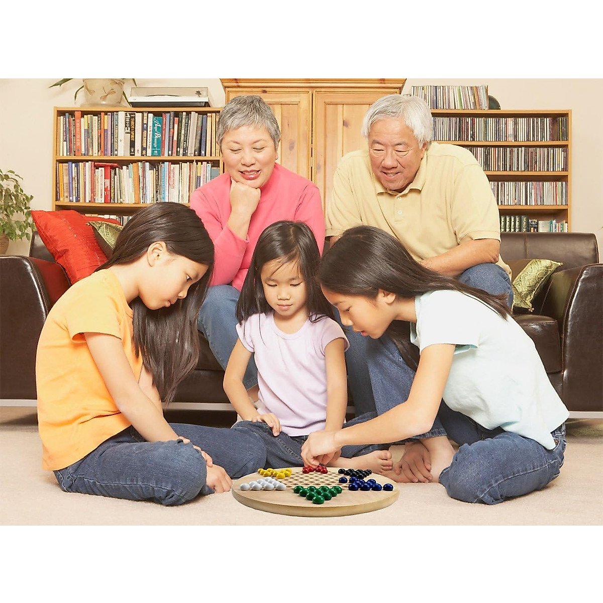 Brybelly Chinese Checkers Game Set with 11.5 in Natural Wood Checkers Board | 60 Wood Marbles in 6 Bright Colors for Adults, Boys and Girls Game Playing