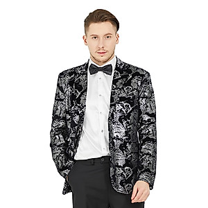 MAGE MALE Men's Dress Party Floral Suit Jacket Notched Lapel Slim Fit Two Button Stylish Blazer Black with Silver