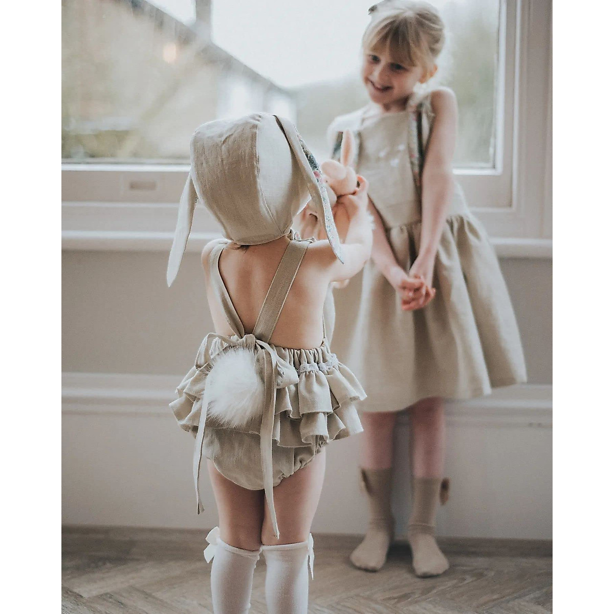 Infant Baby Girl Easter Outfits Short Sleeve Romper Bunny Bodysuit Pompom Jumpsuit Backless Onesie + Hat (D-Light Khaki, 3-6 Months)