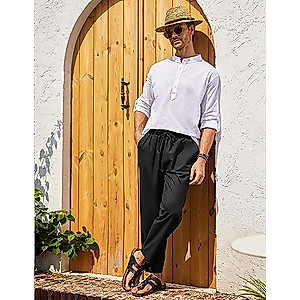 COOFANDY Mens Linen Pants Lightweight Casual Trousers Elastic Waist Yoga Beach Hippie Summer Pants Black