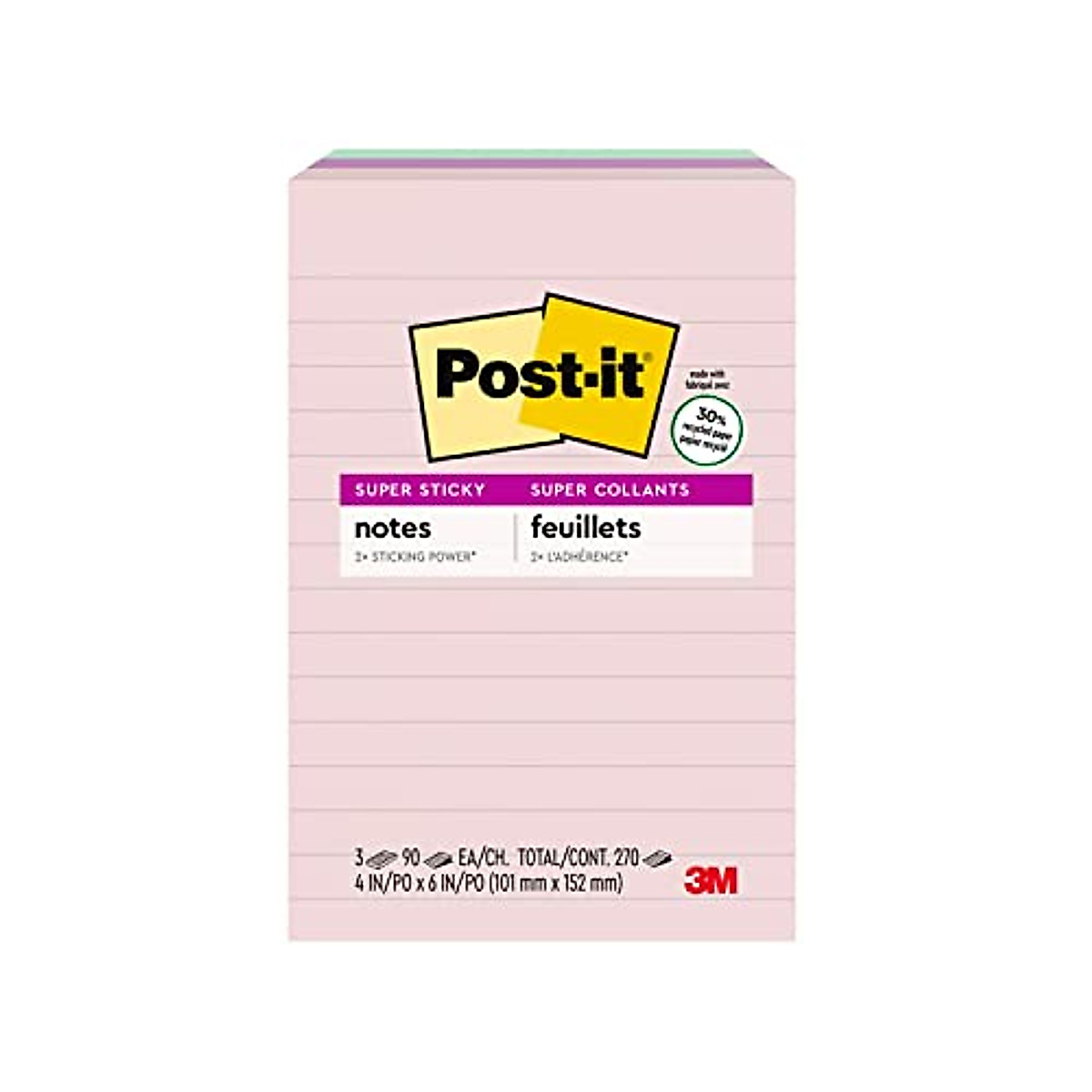 Post-it Super Sticky Recycled Notes, 4x6 in, 3 Pads, 2x the Sticking Power, Wanderlust Collection, Pastel Colors, 30% Recycled Paper (660-3SSNRP)