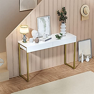 GreenForest Vanity Desk with 2 Drawers Glossy White Makeup Table 47 inch Modern Home Office Computer Desk Dressing Console Table with Metal Gold Legs for Bedroom,Without Mirror