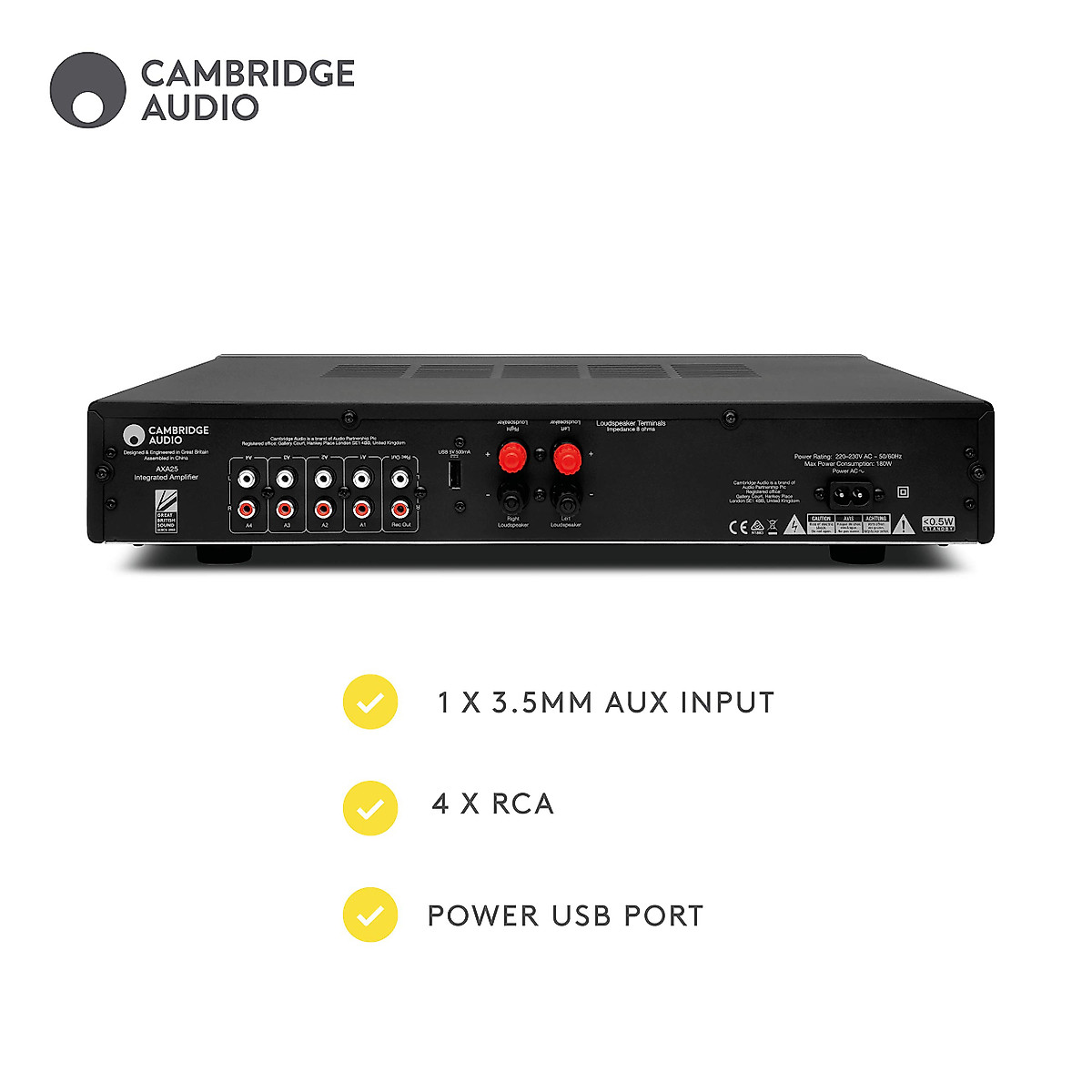 Cambridge Audio AXA25-25 Watt Separate Integrated Stereo Amplifier HiFi System Featuring Tone and Balance Control with Front Aux Input - Lunar Grey