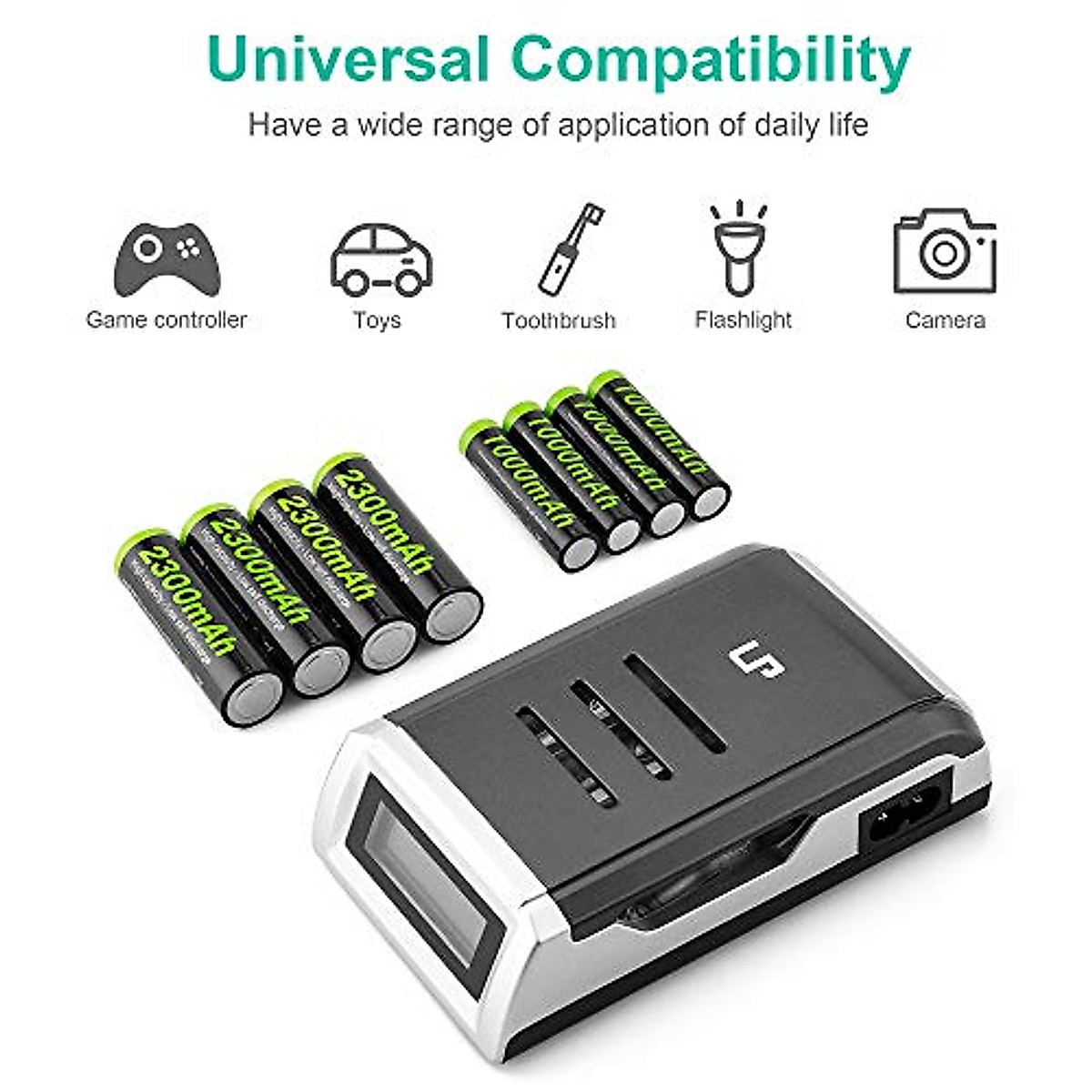 AA AAA Battery Charger Pack, LP 4-Bay Independent Slot LCD Charger & 4-Pack 2300mAh AA & 4-Pack 1000mAh AAA Batteries, Rechargeable Battery for Kids Toys, Remotes, Microphones, Game Controllers & More