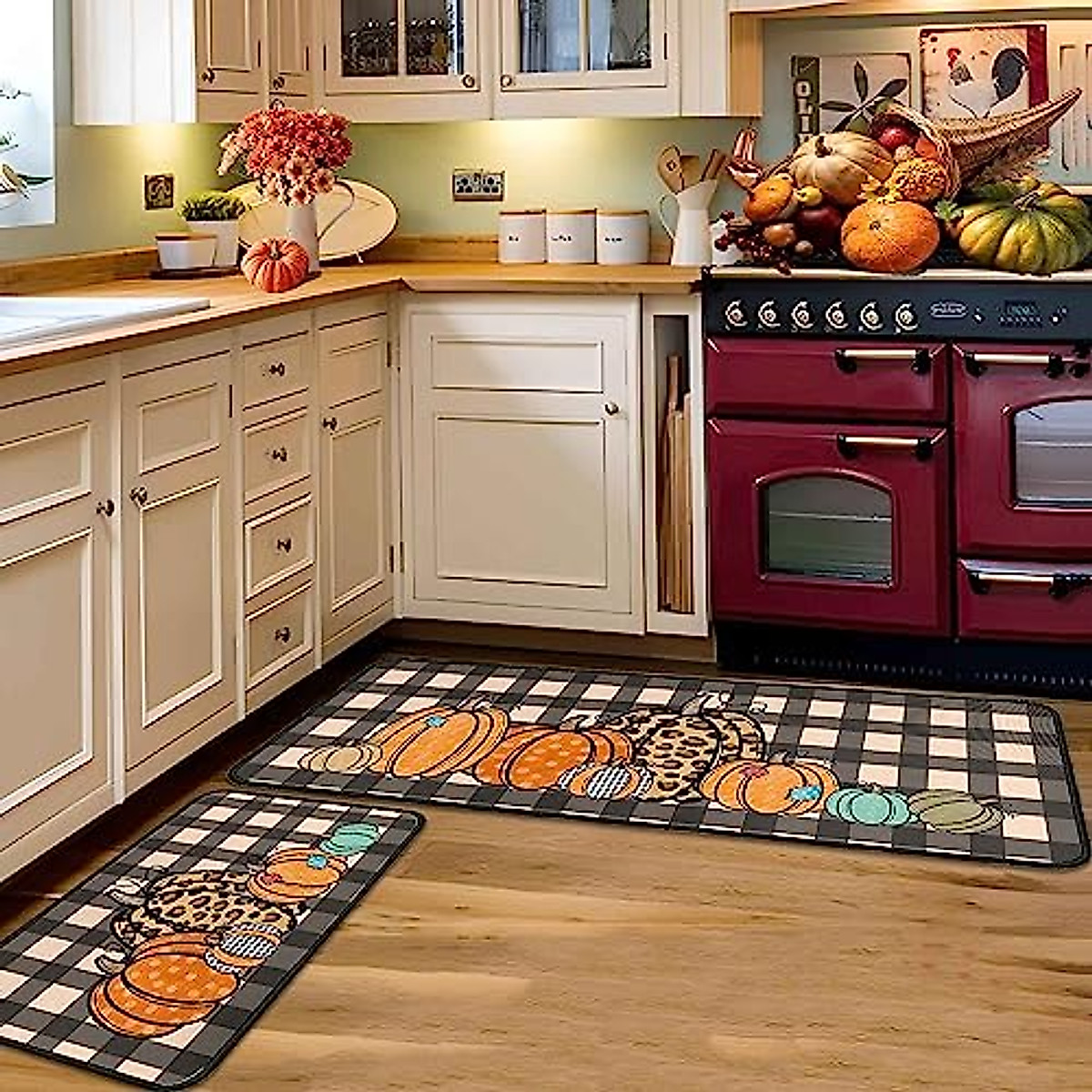 Fall Kitchen Rugs and Mats Set of 2, Thanksgiving Kitchen Rug Non Slip Backing Fall Decorations for Home Seasonal Farmhouse Fall Holiday Autumn Harvest Low-Profile Kitchen Floor Mat 17"X47"+17"X30"