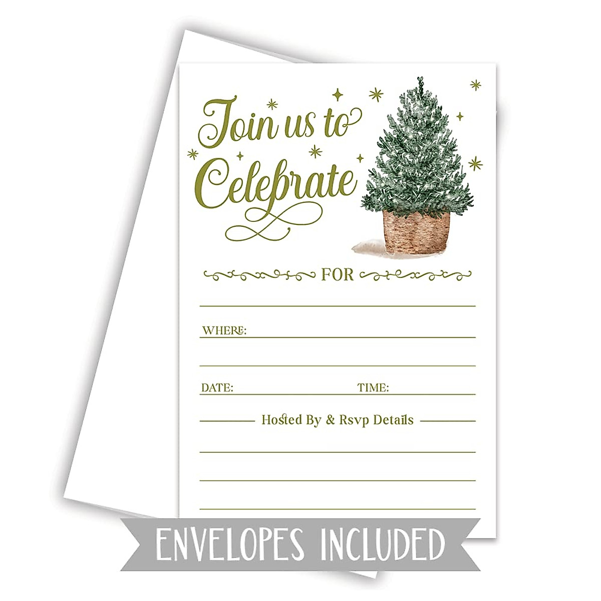Christmas Invitations - Watercolor Tree - Holiday Party Invitations With Envelopes (20 Count) - Winter Celebration Invites