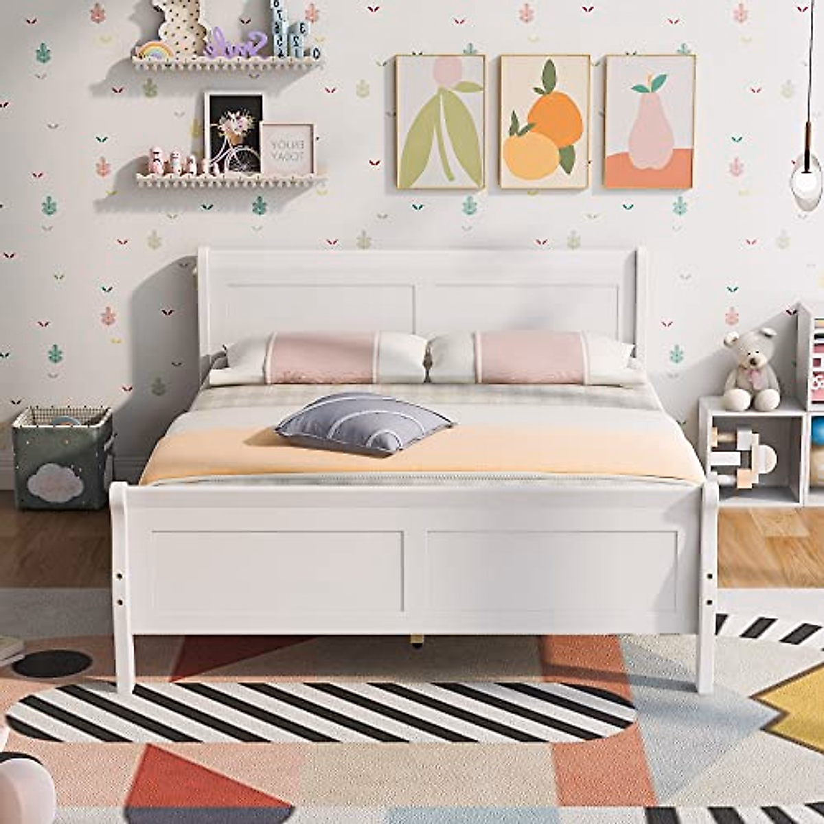 Harper & Bright Designs Full Bed Frame with Headboard and Footboard, Full Size Platform Bed, Wood Kids Full Size Bed Frame for Boys, Girls,No Box Spring Needed,White