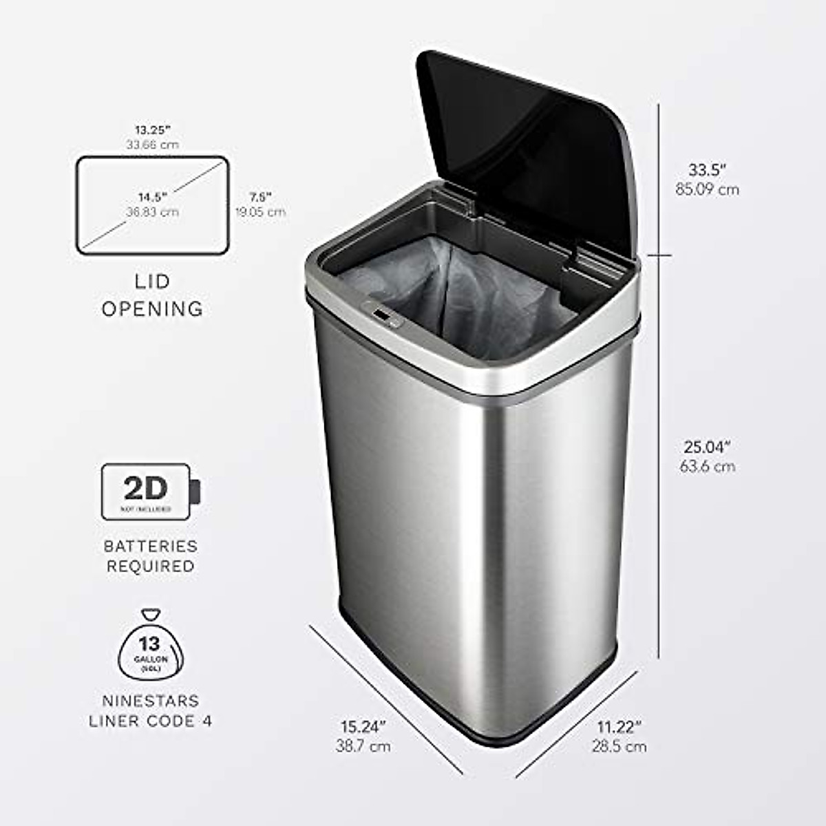 NINESTARS DZT-50-28BR Automatic Touchless Motion Sensor Oval Trash Can, Black Top, 13 Gal BR, Brush