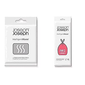 Joseph Joseph Intelligent IW2 Bin Liners Custom Fit Bags, Pack of 50, Clear & Intelligent Waste Replacement Carbon Odor Filters for Totem Titan Compost Bin, Pack of 2, Black
