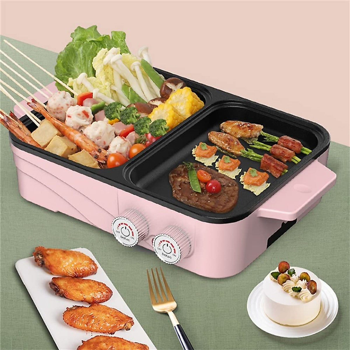 Electric Grill Indoor Hot Pot with Glass Lid & Removable Non-Stick Grill Plate,Separate Dual Temperature Contral, for 2-8 People Family Gathering Friend Meeting Party (pink)