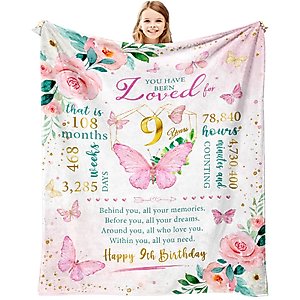 Vervehub 9 Year Old Girl Birthday Gifts Blanket 50"X40", 9 Year Old Girls Gift, Birthday Gifts for 9 Year Old Girls, Best Presents for 9 Year Old Girls, 9 Yr Old Girl Gift, 9th Birthday Gifts