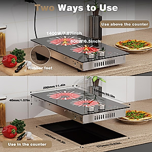 Karinear 110V Electric Cooktop 2 Burners, 12 Inch Electric Stove with Plug in, Countertop & Built-in Ceramic Stove Top, Knob and Sensor Touch Control, Multifunctional Radiant Stove