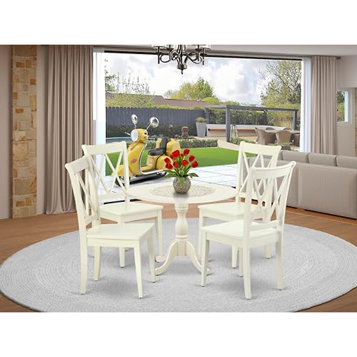 East West Furniture DMCL5-LWH-W 5 Piece Dining Room Table Set Includes a Round Dining Table with Dropleaf and 4 Wood Seat Chairs, 42x42 Inch, Linen White