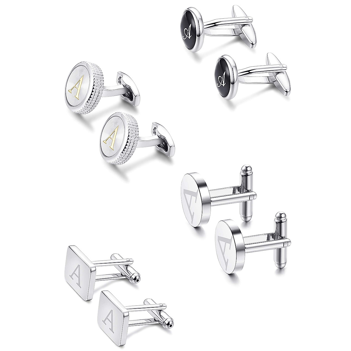 LOYALLOOK 4Pairs Initial A Men's Initial Letter Shirts Cufflinks Engraved Shirt Cufflink Alphabet Set Fashion Dazzle Tuxedo Cufflinks Business Wedding Father's DayGift