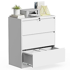 Hak Metal 3 Drawer Lateral File Cabinet with Lock, Black Office File Cabinet for Storing Legal/Letter A4 Size File, Mordent Locking Lateral Filing Cabinets for Home Office (White)
