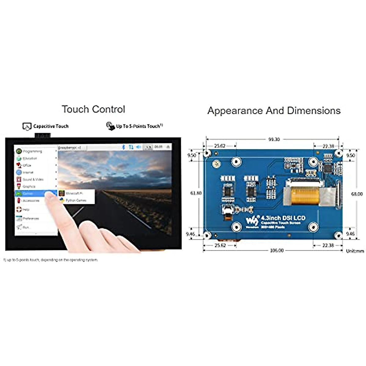Waveshare 4.3inch Capacitive Touch Display Compatible with Raspberry Pi Pi 4B/3B+/3A+/3B/2B/B+/A+/CM3/3+/4 800×480 Resolution IPS Wide Angle MIPI DSI Interface