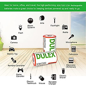 DULEX Arlo Rechargeable Bateries 123A, 800mAH ICR17335 NiMH Bateries Replacement CR123A for Arlo VMS3130 VMC3030 3200 3330 3430 3530 Security Cameras, Alarm System, Flashlight