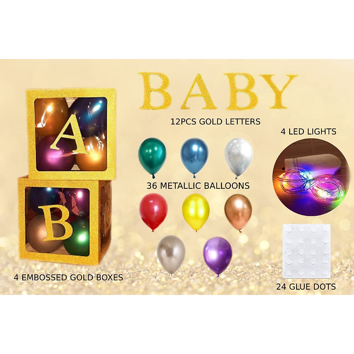 Serene Roses Royal Gold Baby Baby Shower Decorations: 36 Metallic Balloons, 4 Embossed Gold Boxes with 3x4 BABY Letters, 4 LED LIGHTS INCLUDED. Elegant Decoration for Your Little Prince or Princess