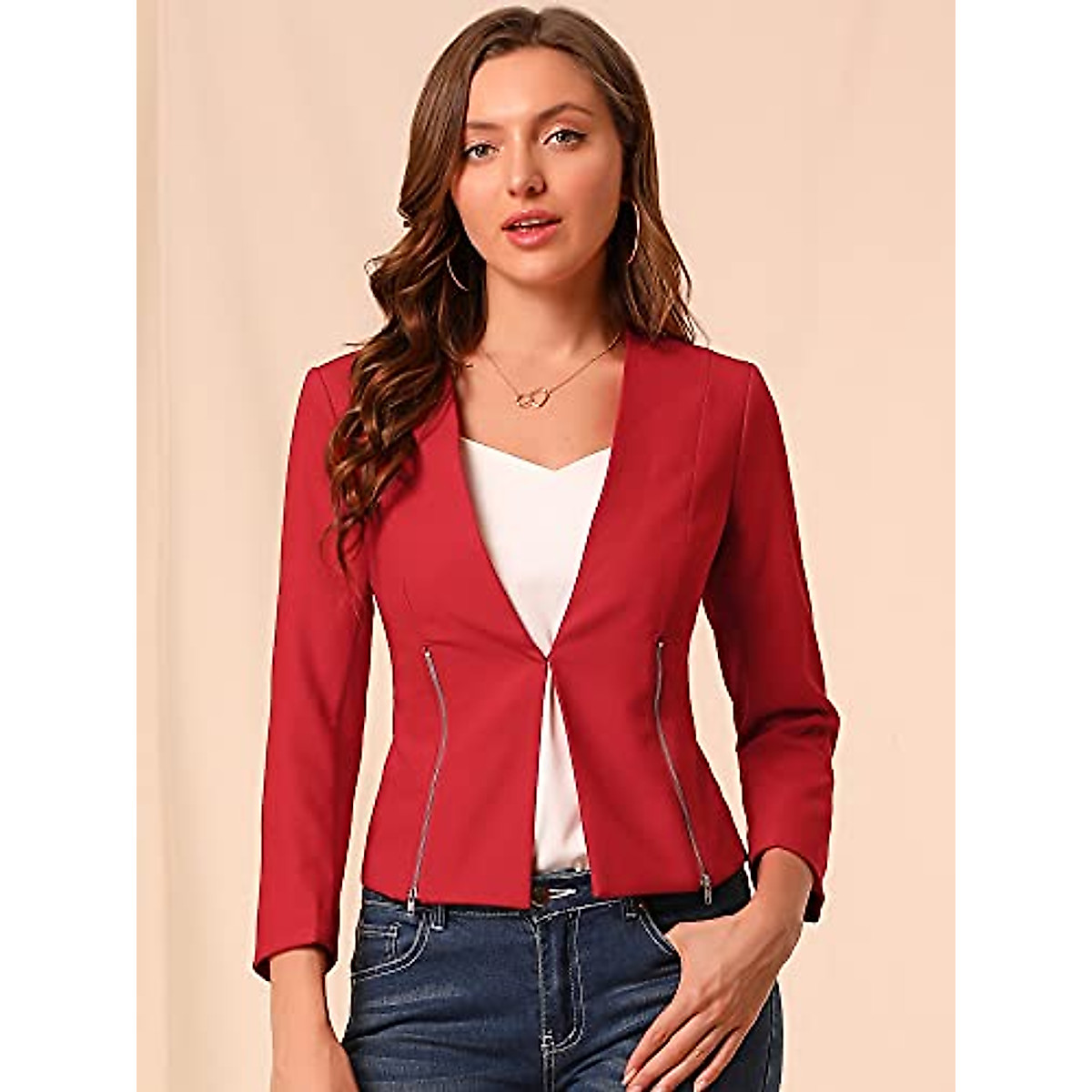 Allegra K Women's Work Office Open Front Zipper Collarless Cropped Blazer Large Red