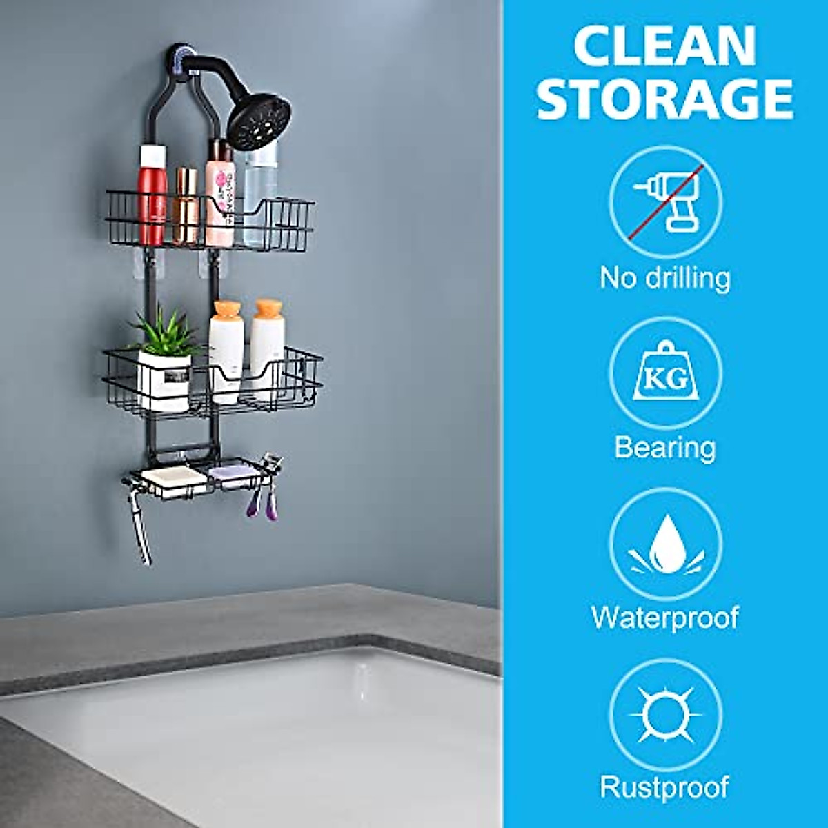 Hoomtaook Shower Caddy Over Shower Head Anti-Swing Shower Caddy Hanging Rustproof Shower Organizer, Shower Storage Rack with Hooks for Shampoo, Razor and Soap - Black