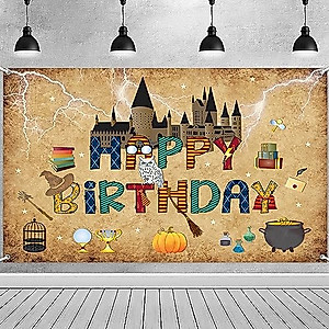 Wizard Birthday Party Decorations Backdrop Magic Happy Birthday Party Decorations Halloween Wizard Theme Banner Magic School Wizard Witch Photography Background for Boys Girls (5x3ft)