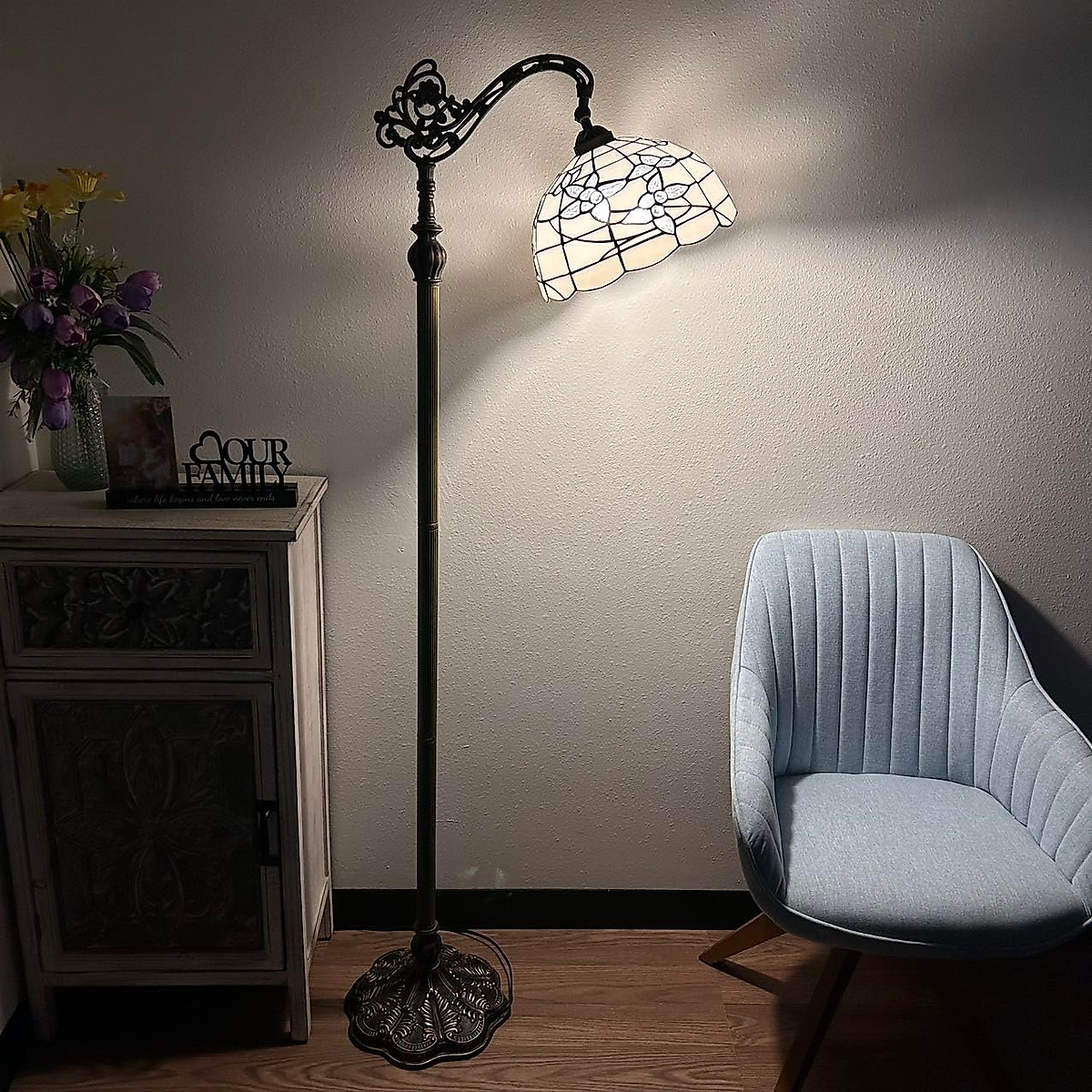 enjoy decor lamps Tiffany Floor Lamp White Stained Glass Flowers LED Bulb Included Gooseneck Adjustable Corner Standing Reading Light for Living Room Bedroom 20" W*12" D*63" H