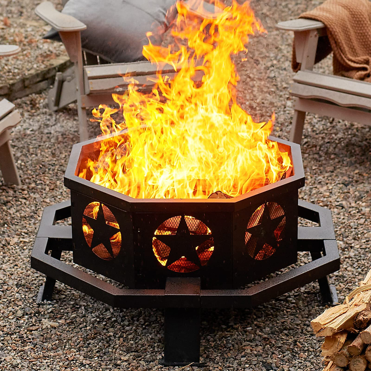 fissfire 35 inch Fire Pit, Outdoor Wood Burning Fire Pit Octagonal Heavy Duty Firepit for Camping, Backyard, Patio, Black