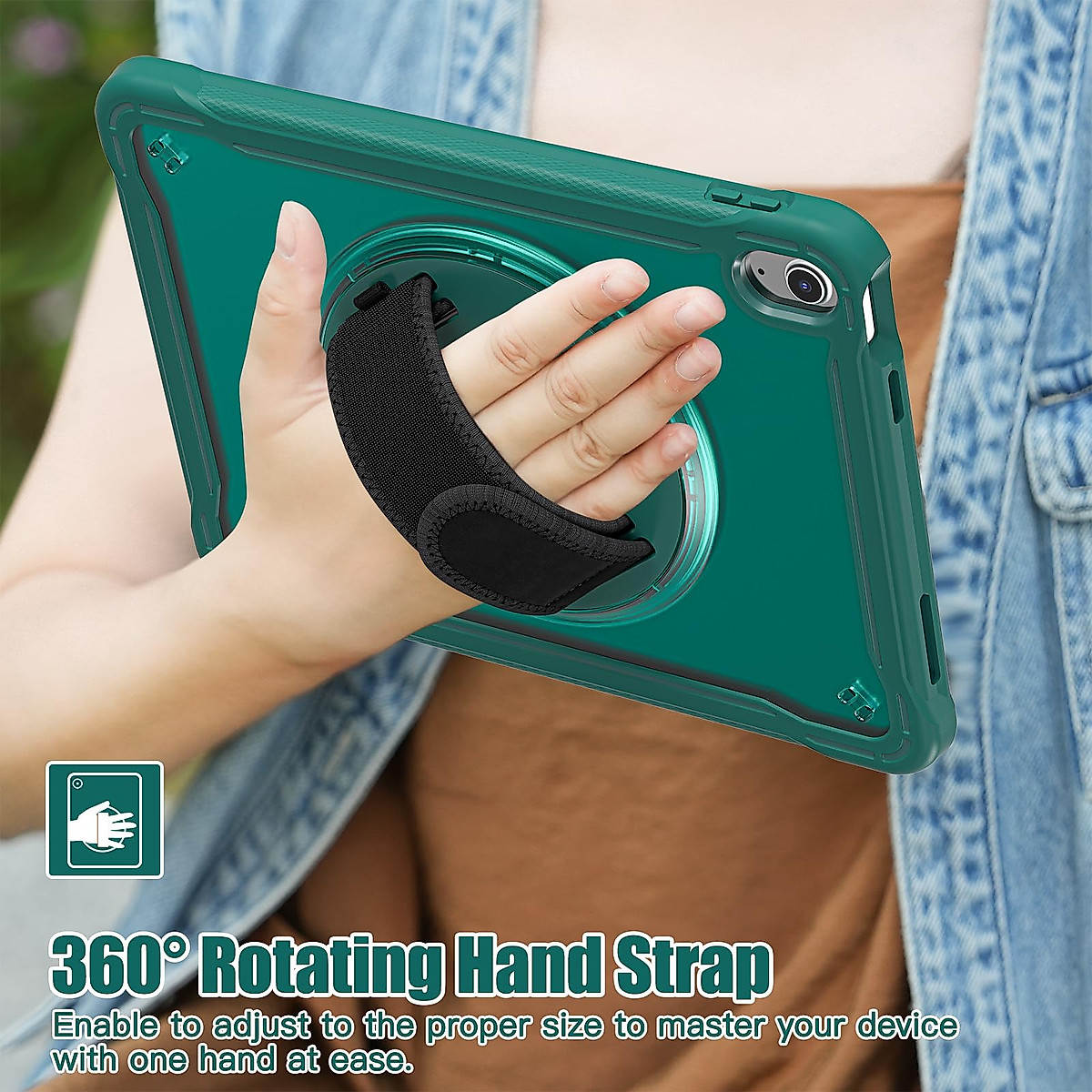 Batianda Case for New iPad 11 2025 A16 Chip/iPad 10th 10.9-inch 2022 Release Heavy Duty Rugged Shockproof Tablet Cover with 360° Rotating Hand Strap Foldable Hidden Stand & Shoulder Strap, Teal